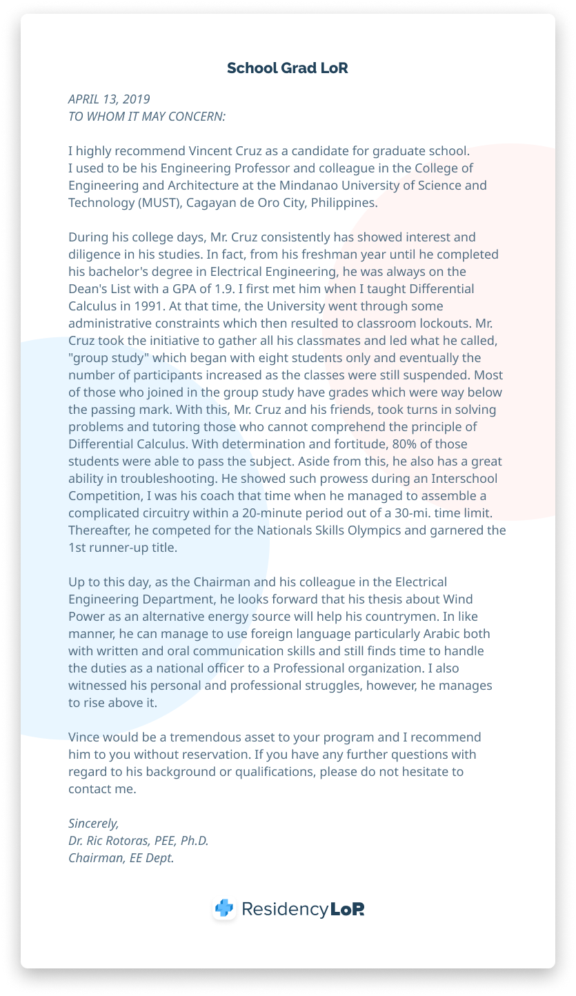 Get the Best Residency Letter of Recommendation Sample Here